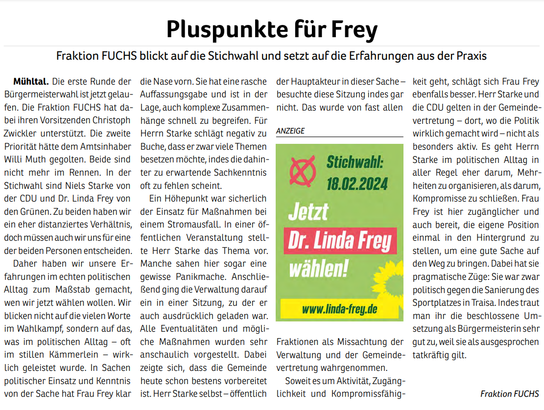 Fraktion Fuchs empfiehlt Dr. Linda Frey für die Stichwahl – Grüne Mühltal